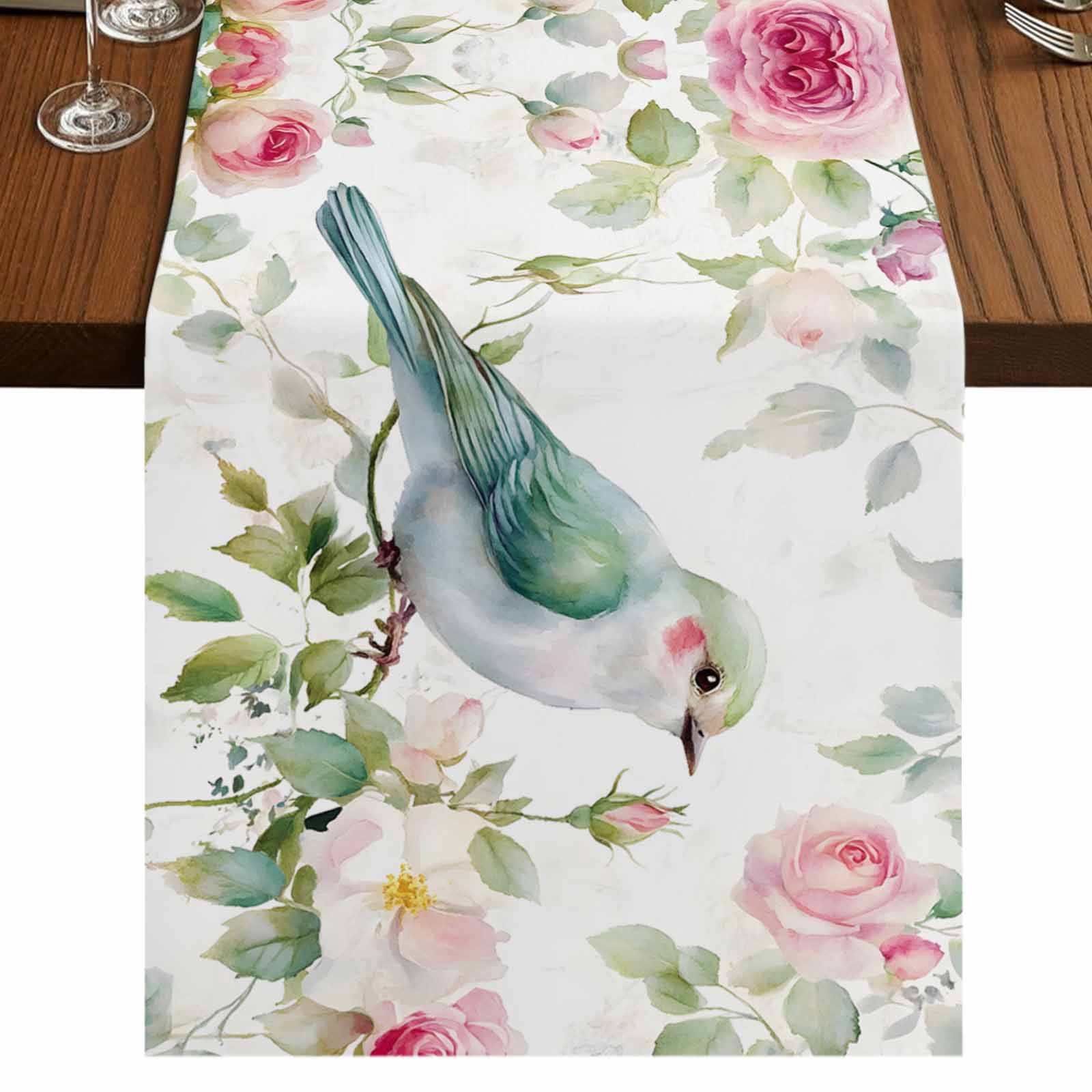 Farmhouse Flower 36 Inch Table Runner, Country Bird Plant Spring Summer ...