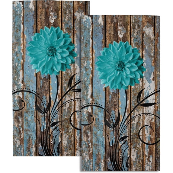 Farmhouse Flower Floral Bathroom Hand Towel Set of 2, Rustic Teal ...