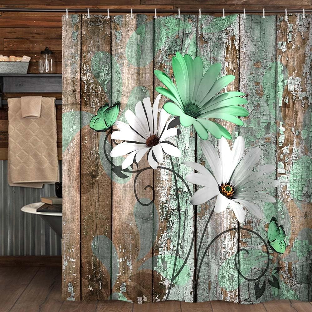 Farmhouse Flower Floral Shower Curtain, Rustic Green Daisy Shower ...