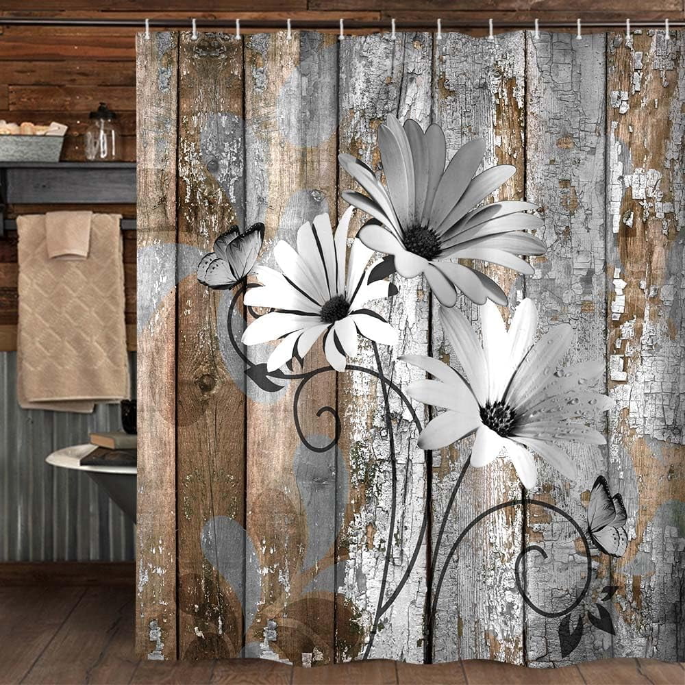 Uokiuki Farmhouse Floral Shower Curtain, 69x70in, Grey Daisy - Walmart.com