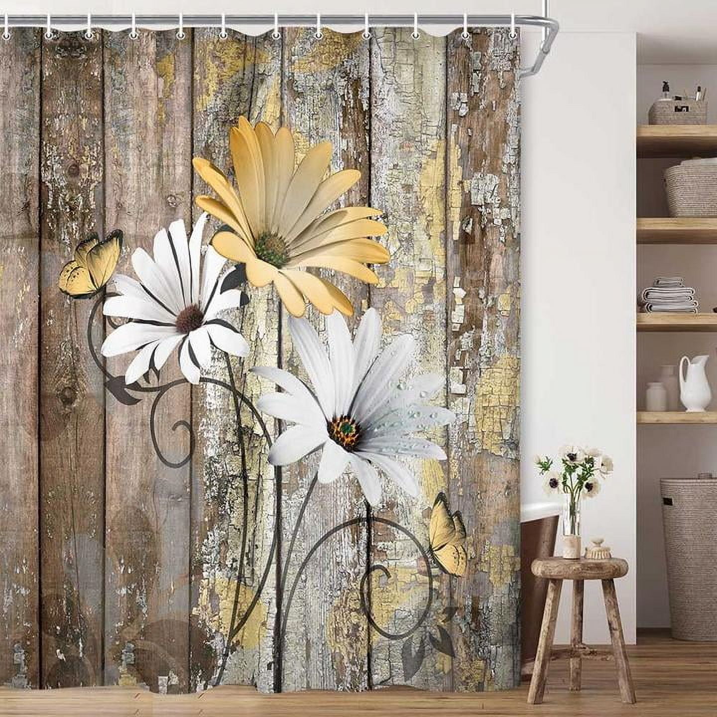Farmhouse Flower Floral Shower Curtain, Rustic Yellow Daisy Shower ...