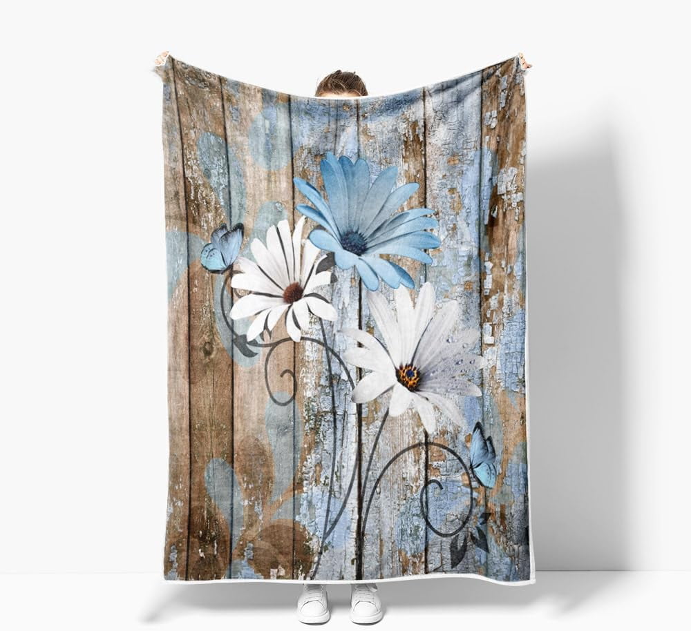 Farmhouse Flower Floral Throw Blanket, Rustic Yellow Daisy Fleece Cozy ...