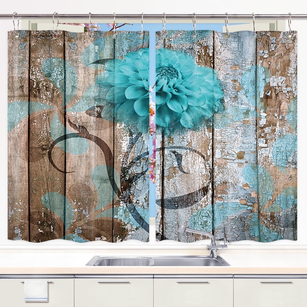 Farmhouse Flower Kitchen Curtain,Rustic Teal Floral Barn Wood Window ...