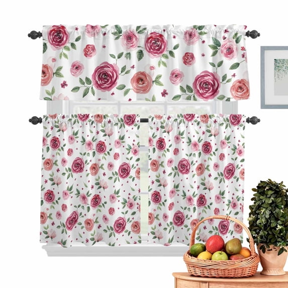 Farmhouse Flower Kitchen Curtains Valances 3 Piece Set, Country Rose ...