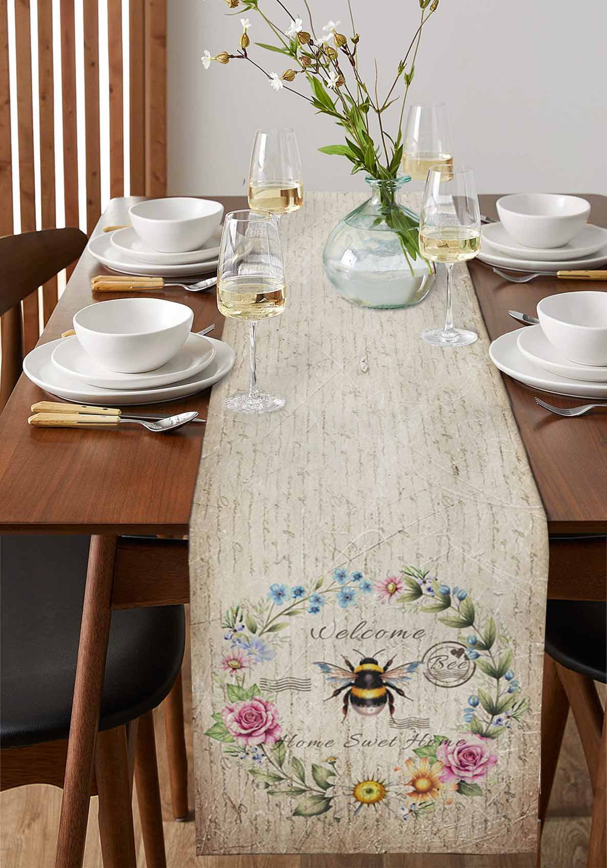 Farmhouse Flower Leaf Wreath Table Runner 13x36in Non-Slip Cotton Linen ...