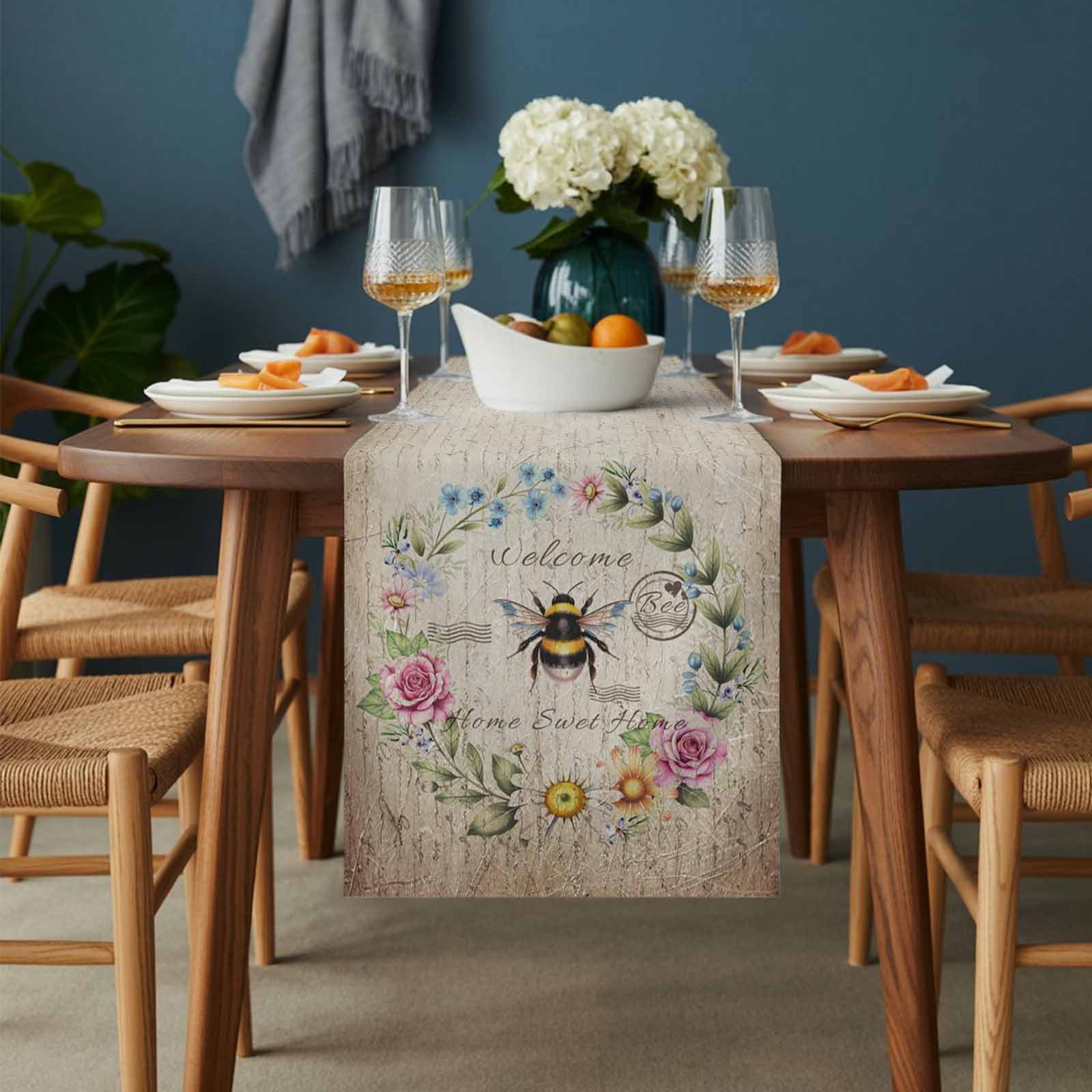 Farmhouse Flower Leaf Wreath Table Runner-36 Inch Long Rustic Bee Retro ...