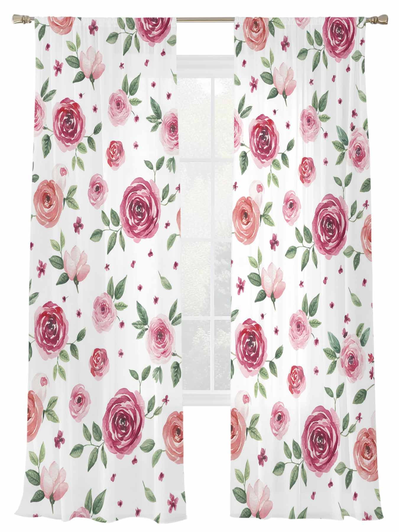 Farmhouse Flower Sheer Curtains 108 Inch Long 2 Panels, Country Rose ...