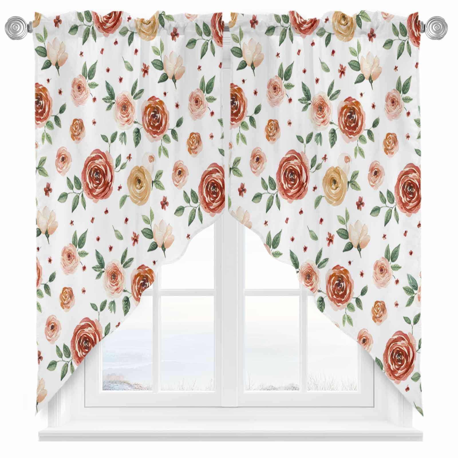 Farmhouse Flower Swag Kitchen Curtain Valances, Orange Floral Leaf ...