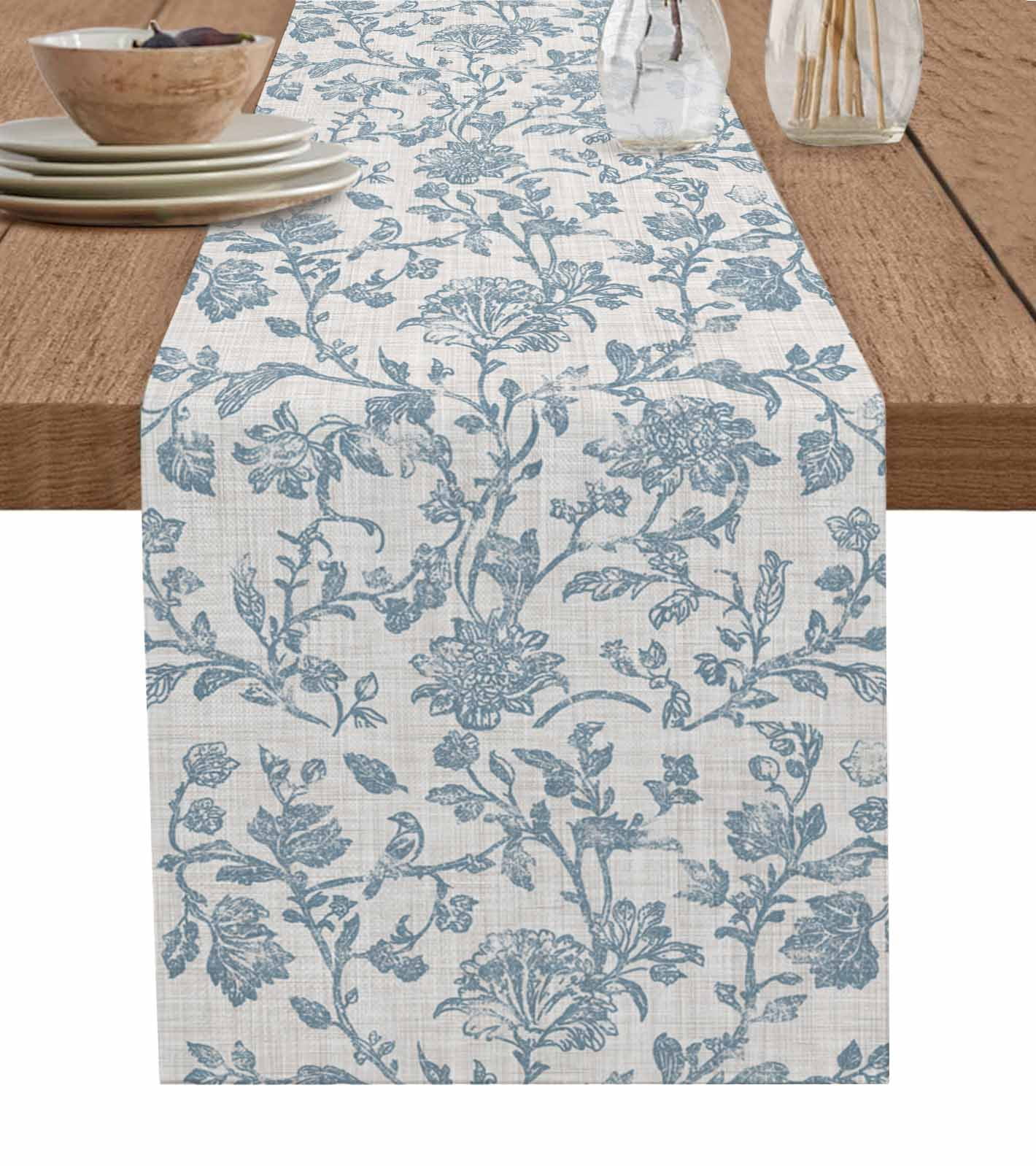 Farmhouse Flower Table Runner 90 Inches, Botanical Vintage Light Blue ...