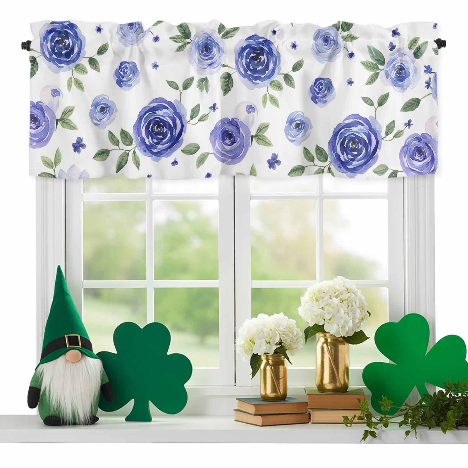 Farmhouse Flower Valances for Windows, Blue Floral Leaf Country Simple ...