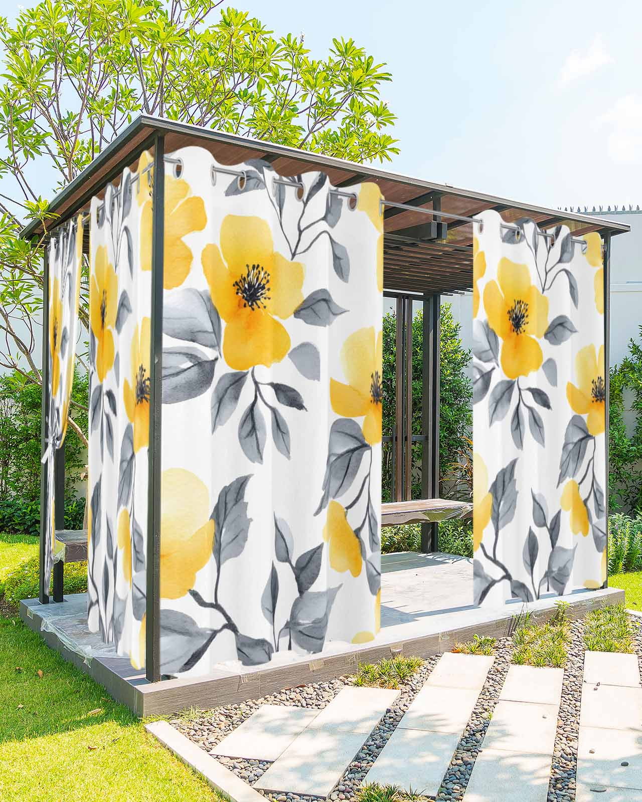 Farmhouse Flowers Outdoor Curtains for Patio, Yellow Flowers Gray Leaf ...