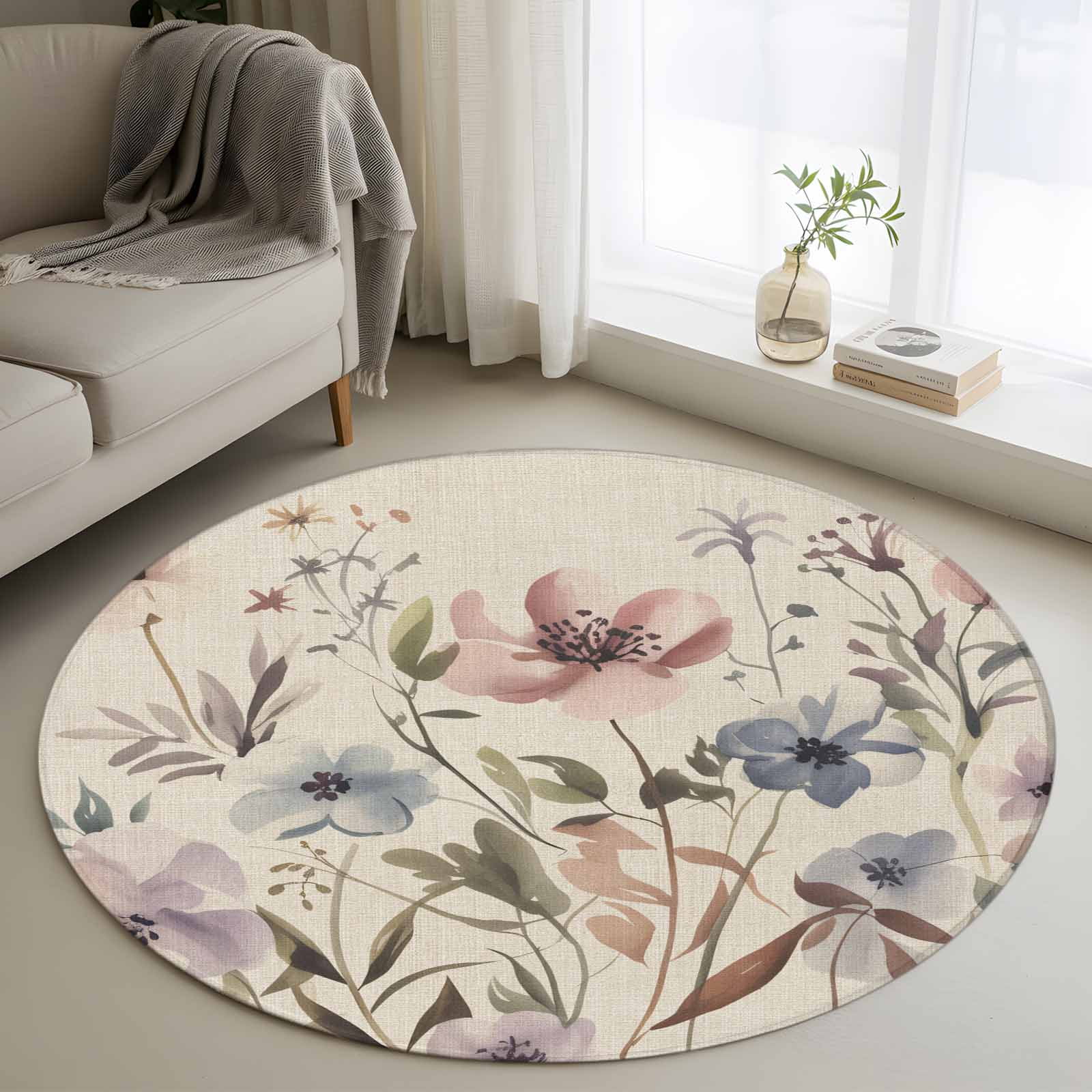Farmhouse Flowers Round Area Rug 4 FT, Non Slip Indoor Outdoor Rug ...