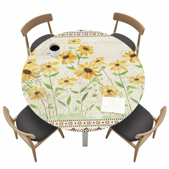 Farmhouse Flowers Round Fitted Tablecloth with Elastic Edge Yellow ...