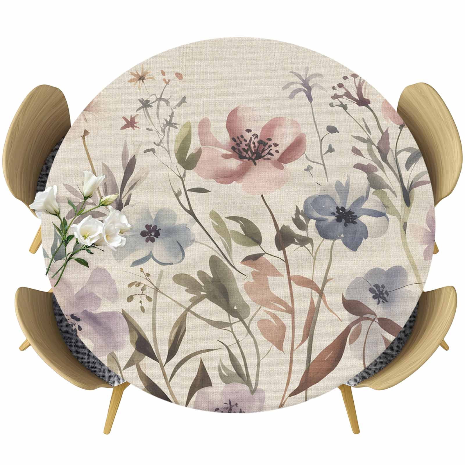 Farmhouse Flowers Round Tablecloth, Fitted Table Cover with Elastic for ...