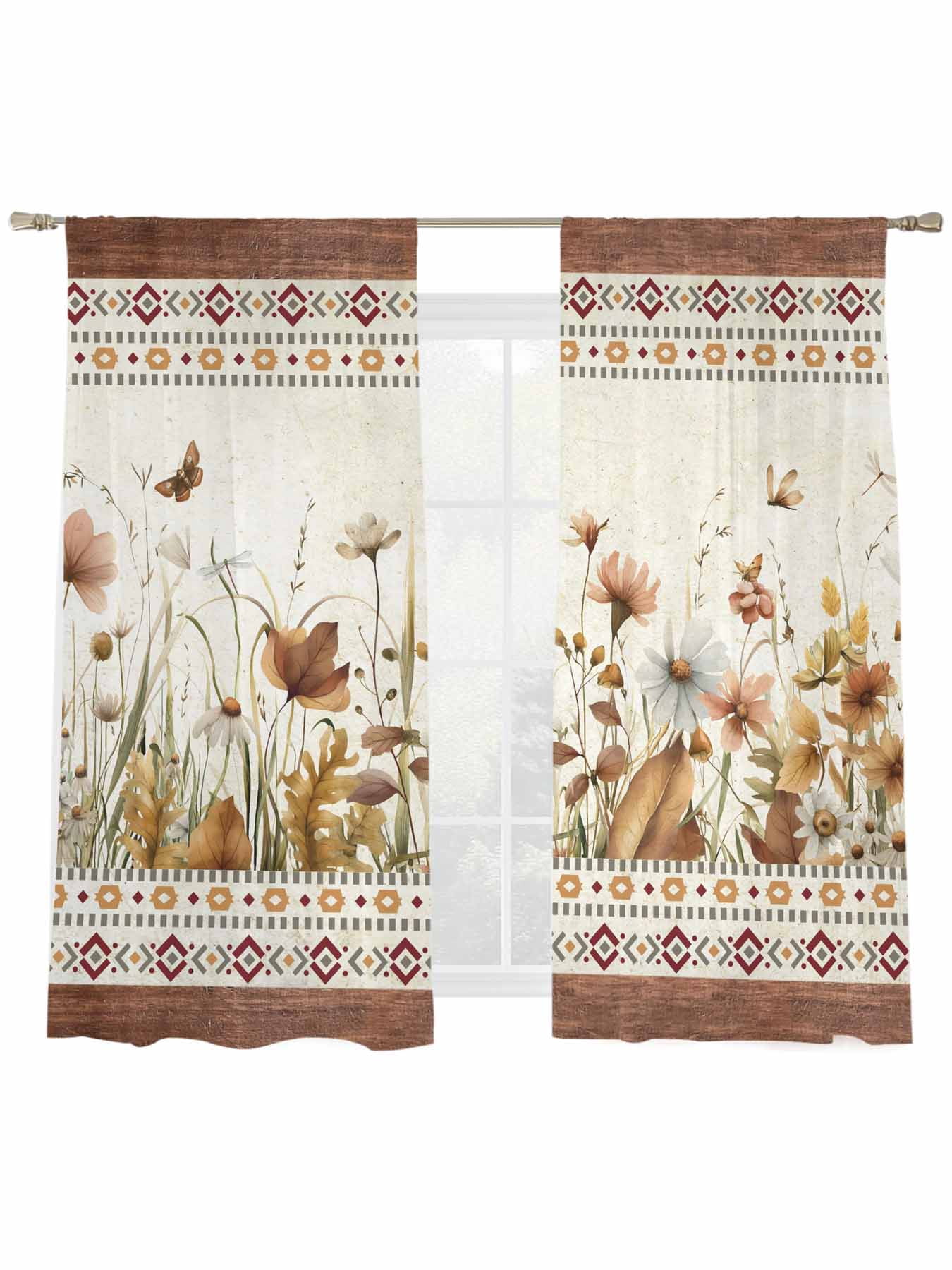 Farmhouse Flowers Sheer Curtains 63 Inch Long 2 Panels, Wildflowers ...