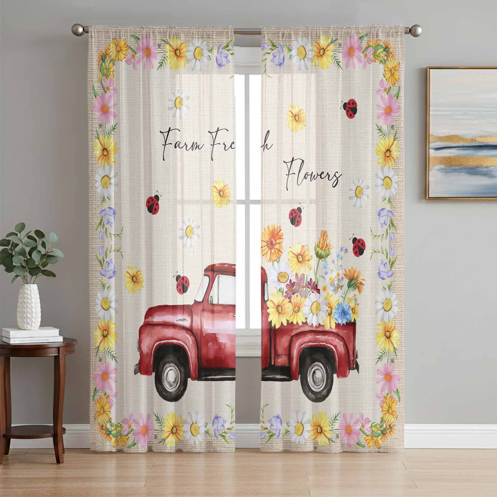 Farmhouse Flowers Sheer Curtains 72 Inch Length 2 Panels Set, Botanical ...