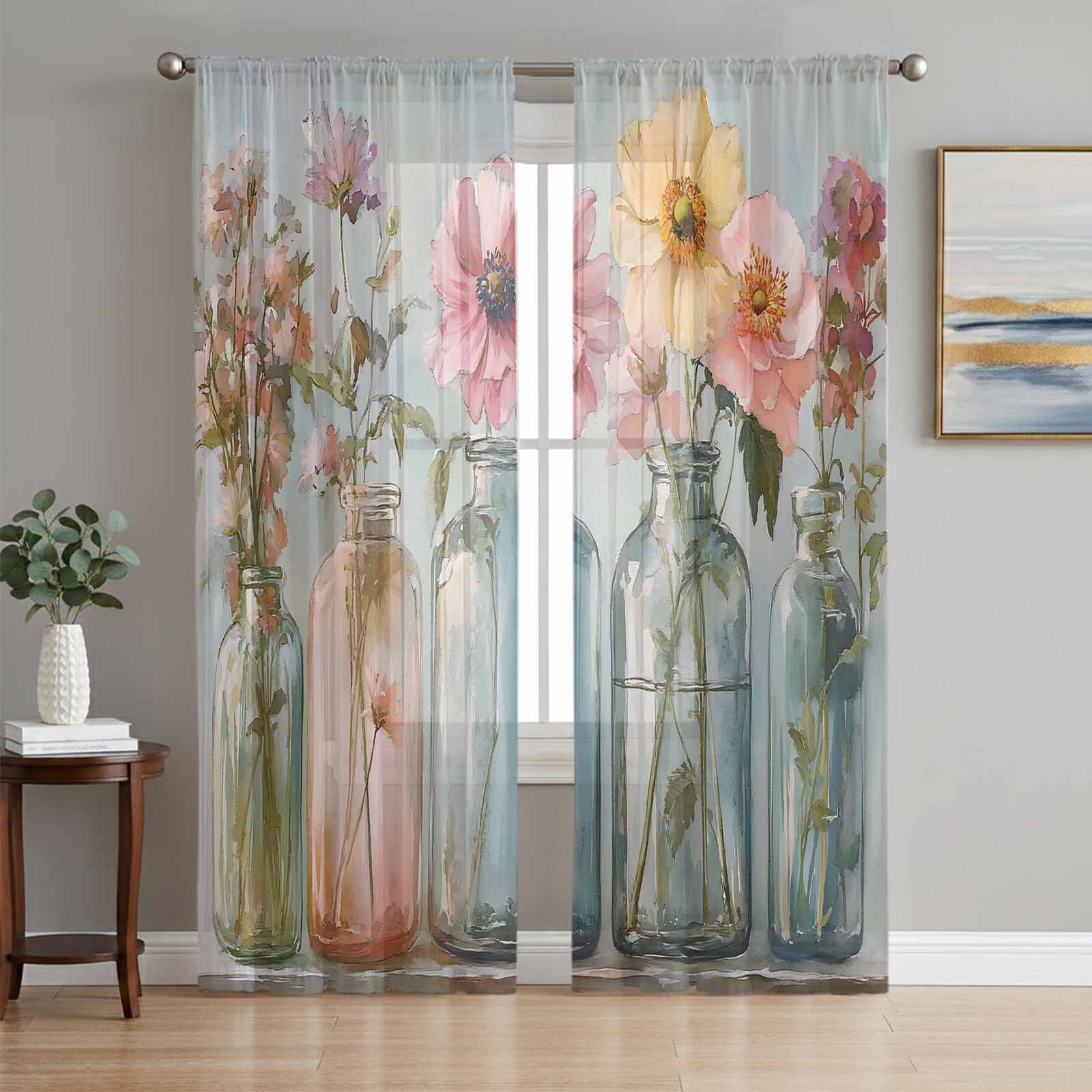 Farmhouse Flowers Sheer Curtains 84 Inch Length 2 Panels Set ...