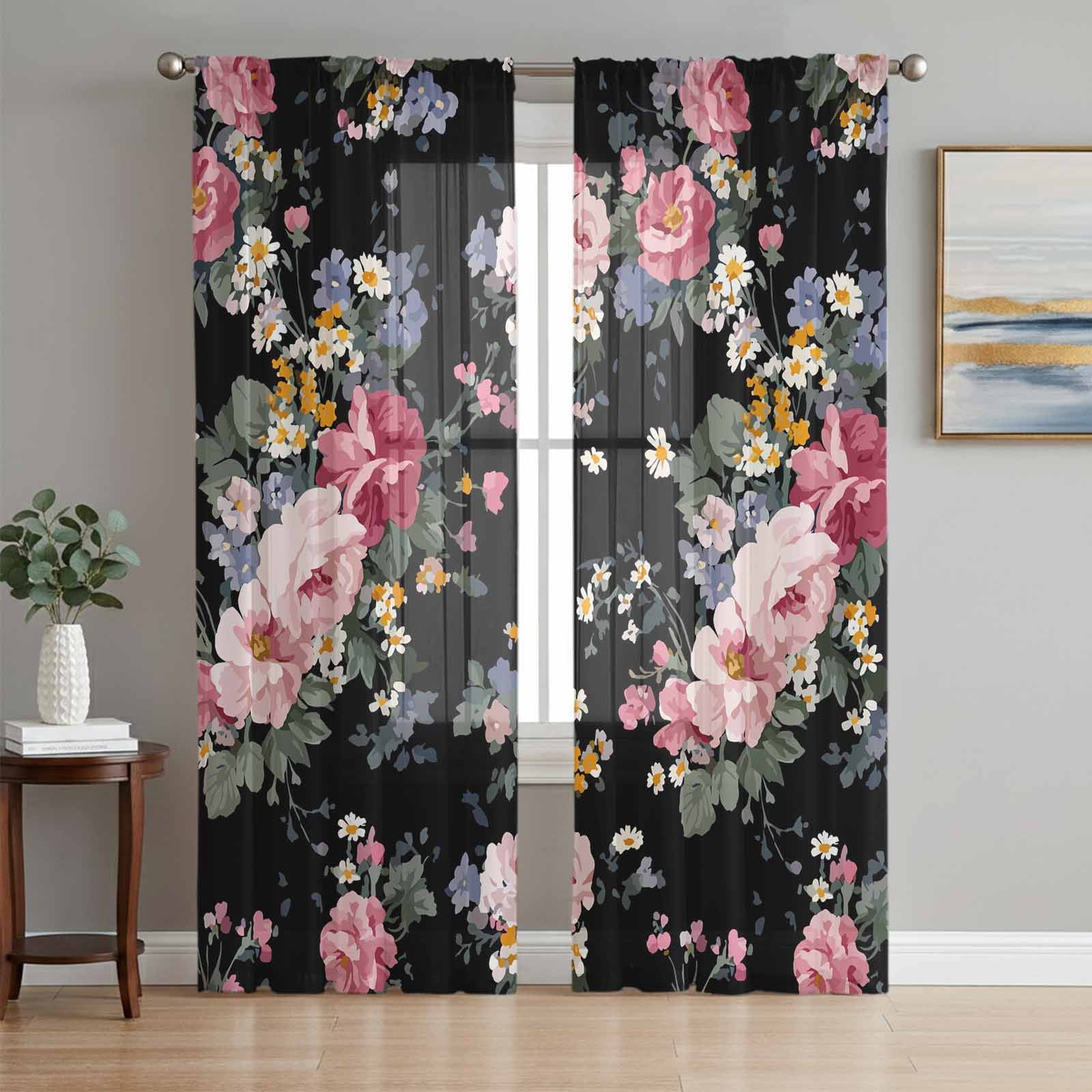 Farmhouse Flowers Sheer Curtains for Living Room Bedroom Country Pink ...