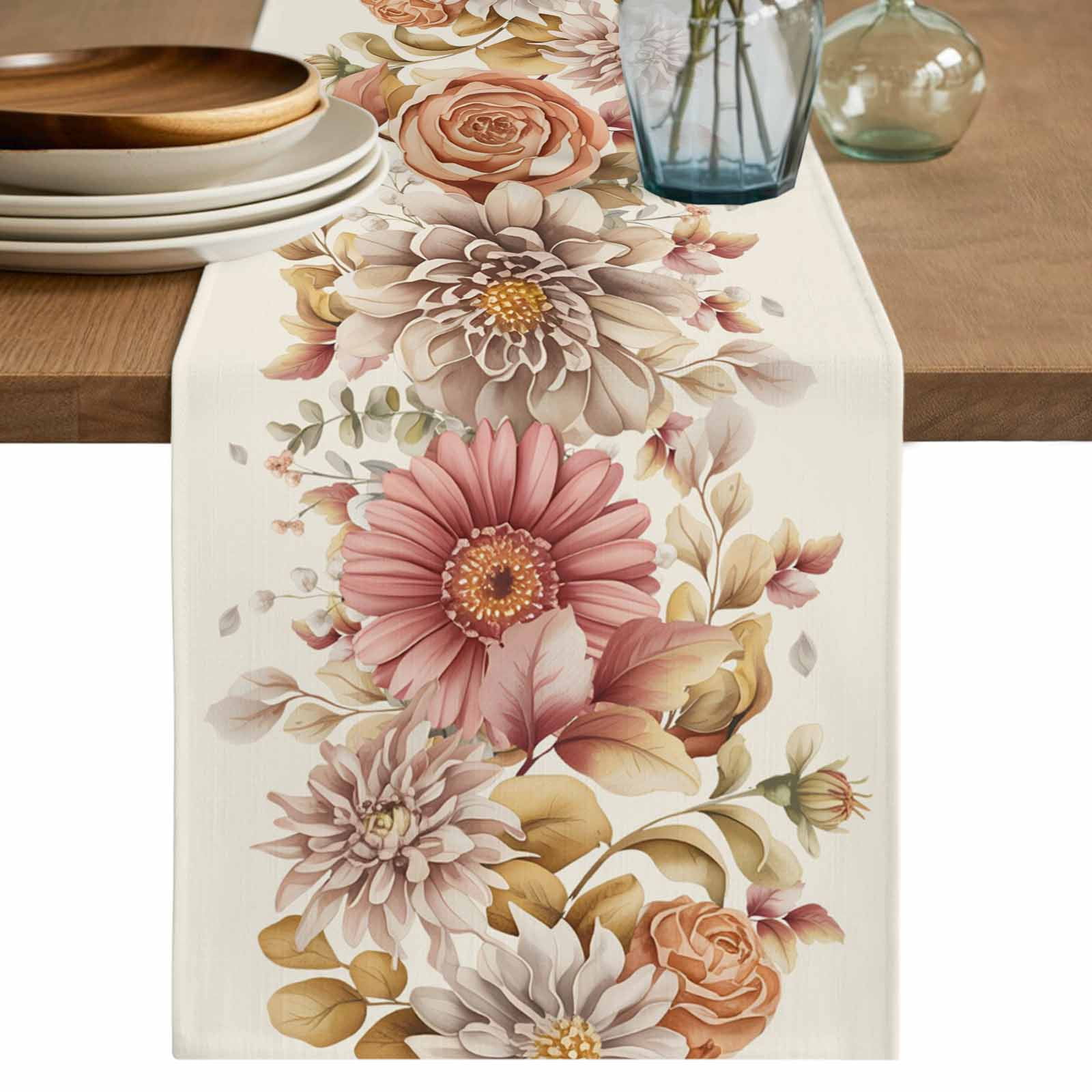 Farmhouse Flowers Table Runner 108 Inches, Vintage Botanical Floral ...