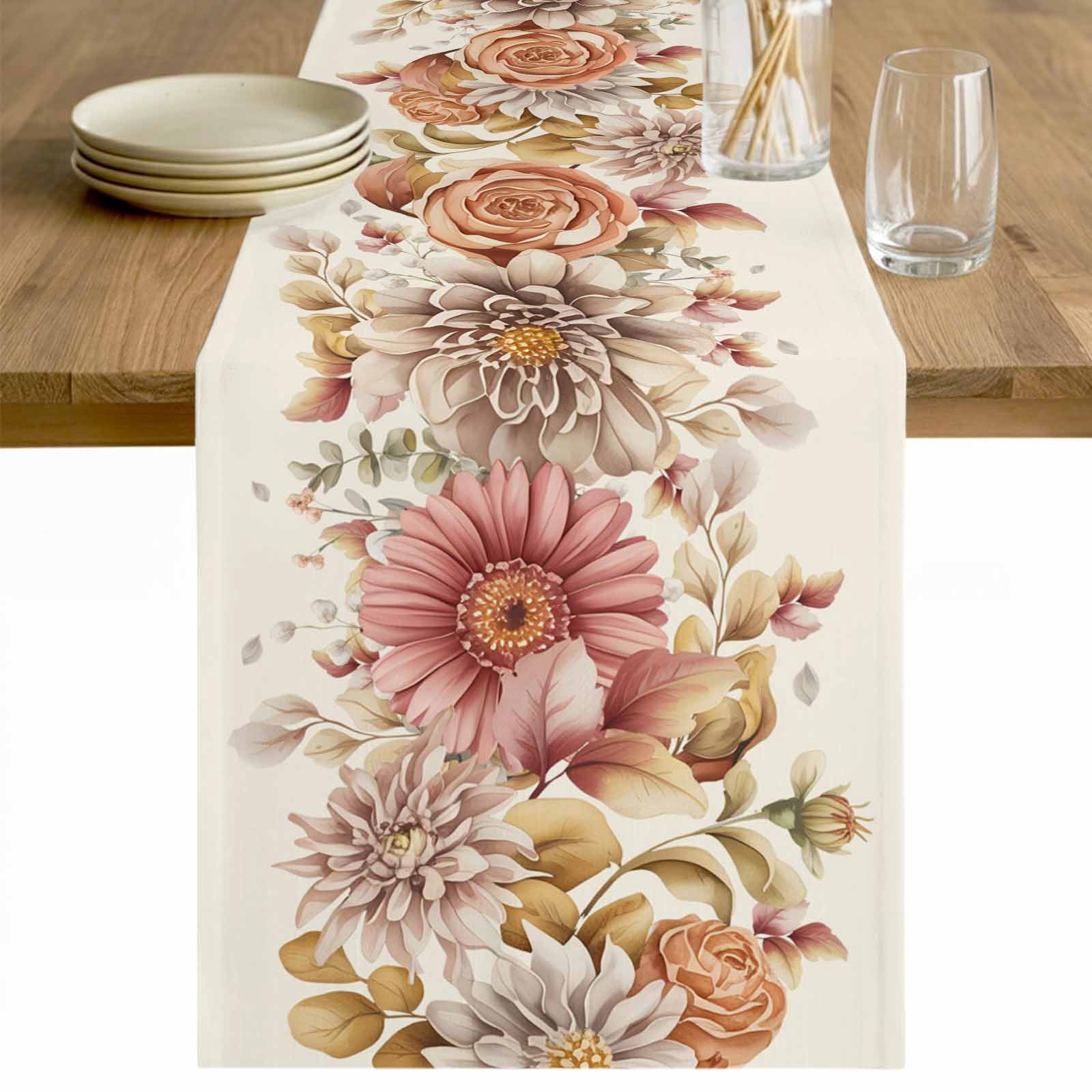 Farmhouse Flowers Table Runner - 90 Inch Long Vintage Botanical Floral ...