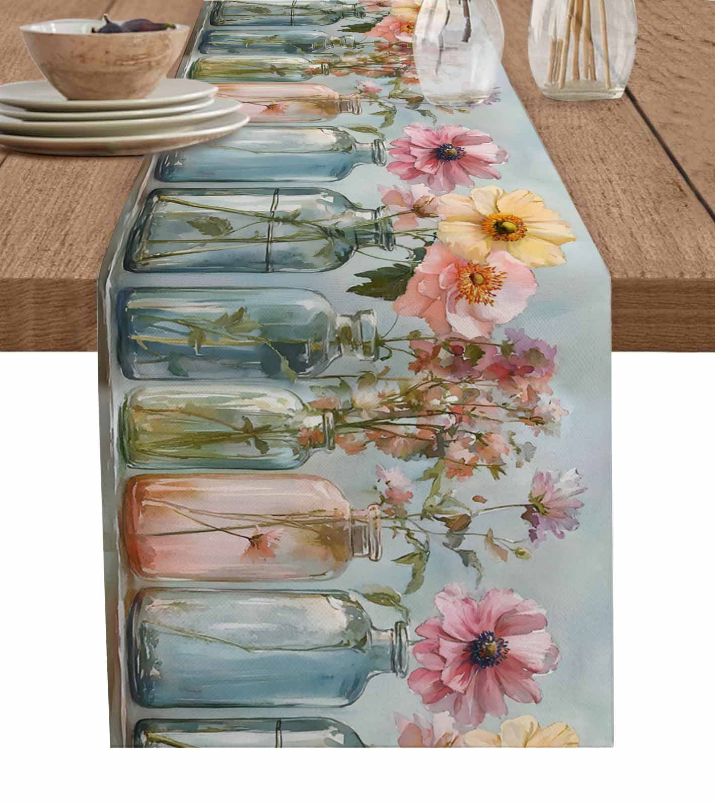 Farmhouse Flowers Table Runner 90 Inches, Watercolor Spring Botanical ...