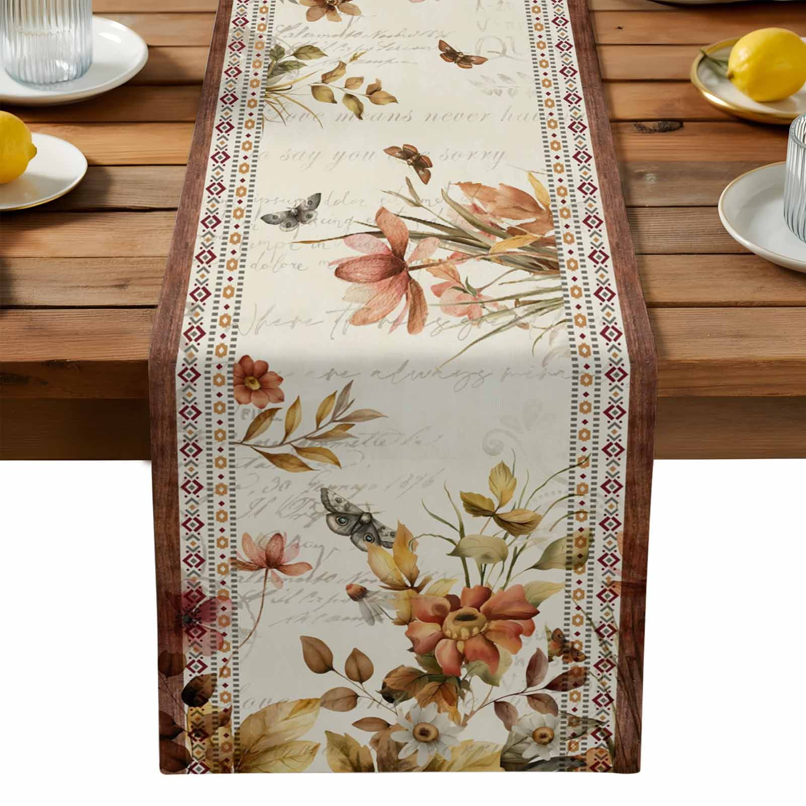 Farmhouse Flowers Table Runner, Wildflowers Fruit Leaf Beige Brown ...