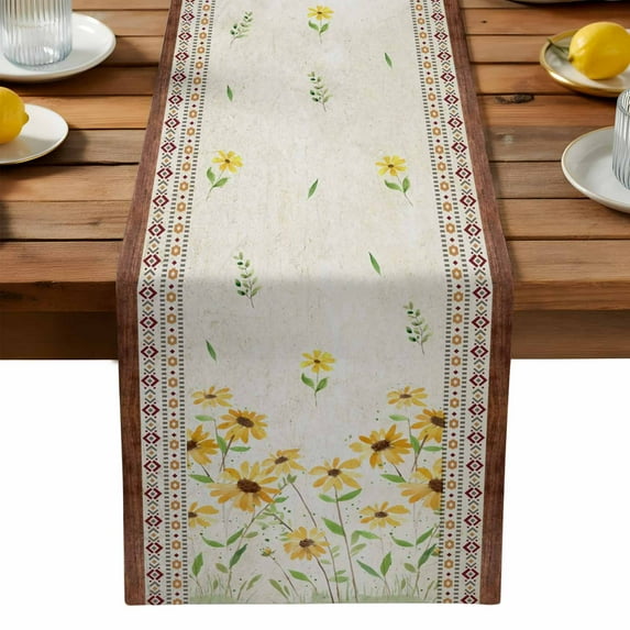 Farmhouse Flowers Table Runner, Yellow Dasiy Leaf Beige Brown Geometric ...