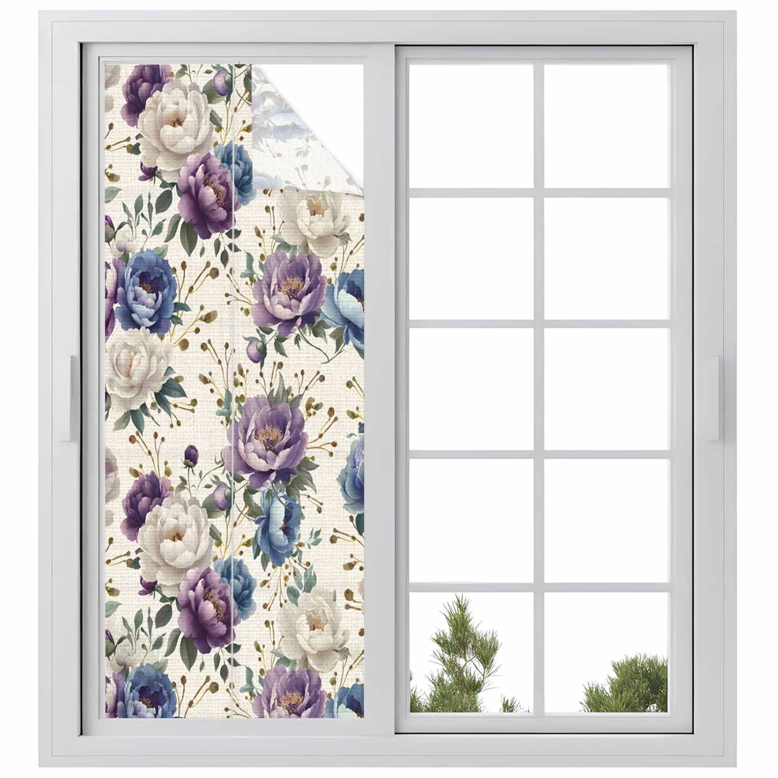 Farmhouse Flowers Window Privacy Film, Botanical Purple Blue Floral ...