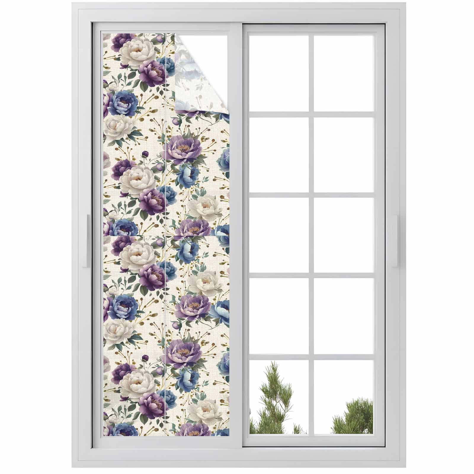 Farmhouse Flowers Window Privacy Film, Botanical Purple Blue Floral ...
