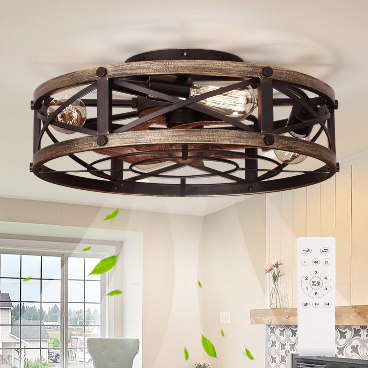 Farmhouse Flush Mount Caged Ceiling Fans with Lights, 6 Speeds, Rustic ...