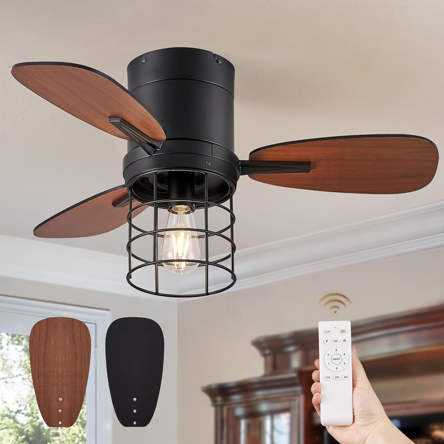 Farmhouse Flush Mount Ceiling Fans with Lights, 30" Small Caged Low ...