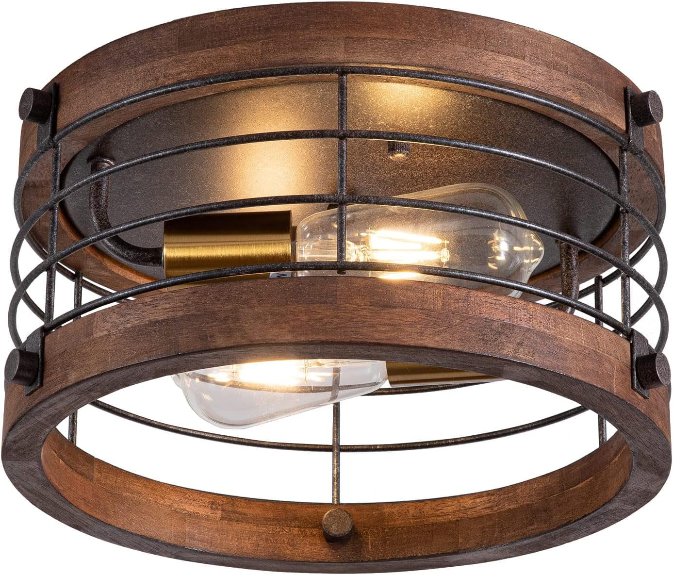 Farmhouse Flush Mount Ceiling Light, 12.6 Inch 2-Light Metal and Wood Close to Ceiling Light ...