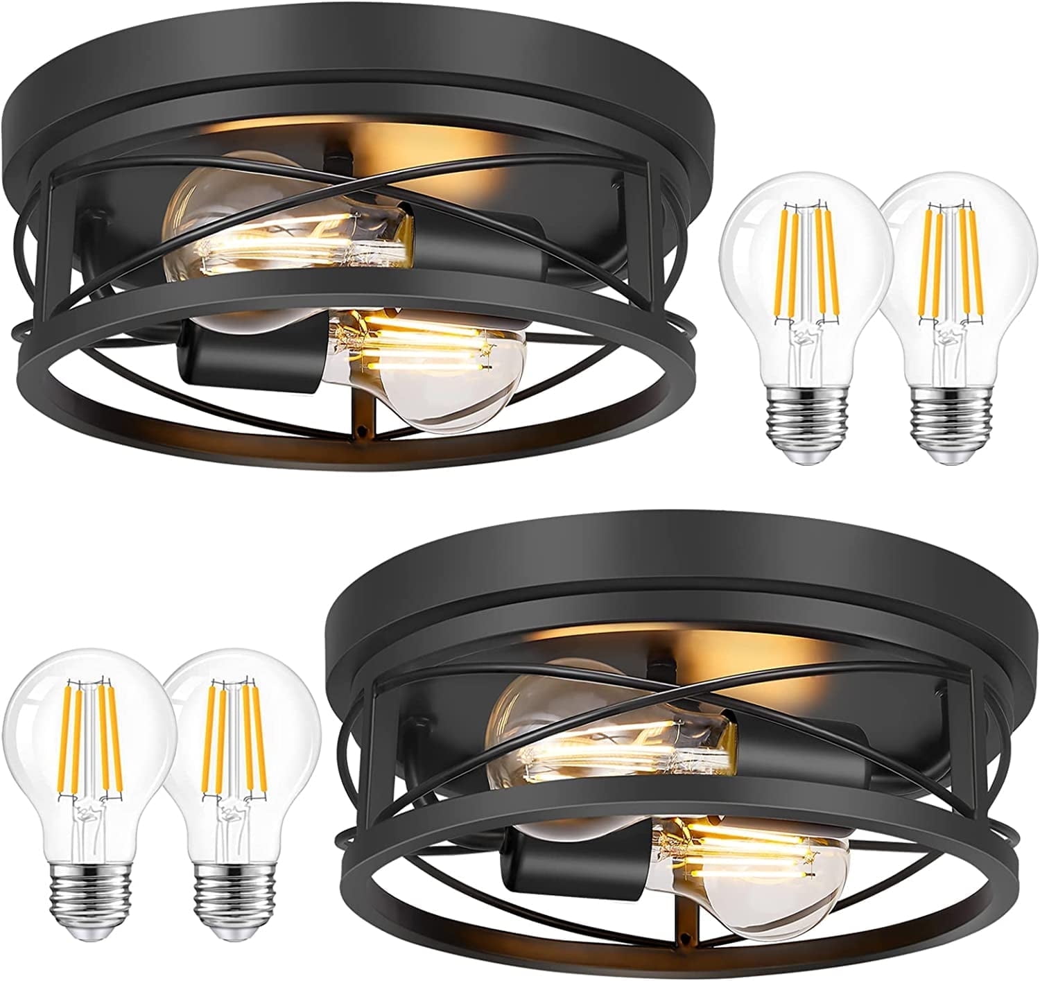 Farmhouse Flush Mount Ceiling Light, Set of 2 with A19 LED Bulbs for ...