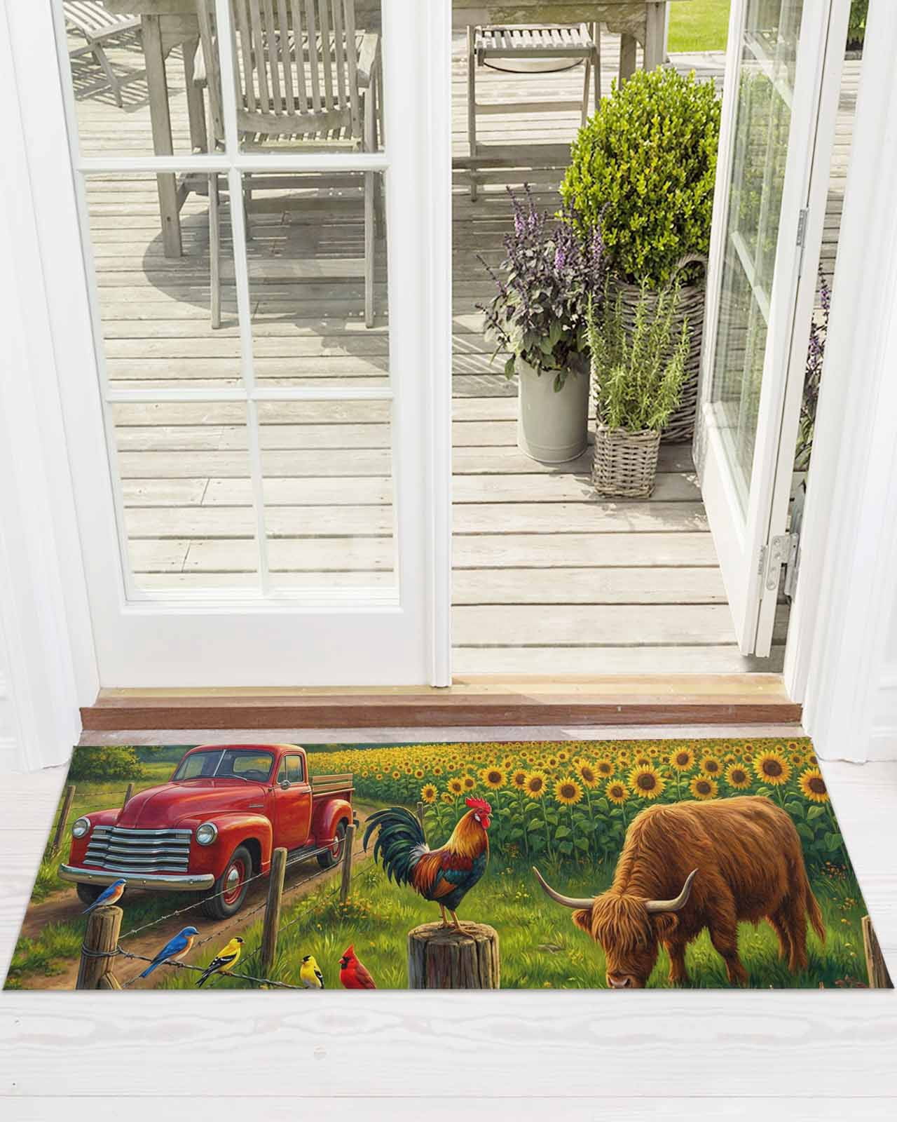 Farmhouse Front Door Mat Pastoral Landscape Sunflowers Red Barn Cow ...
