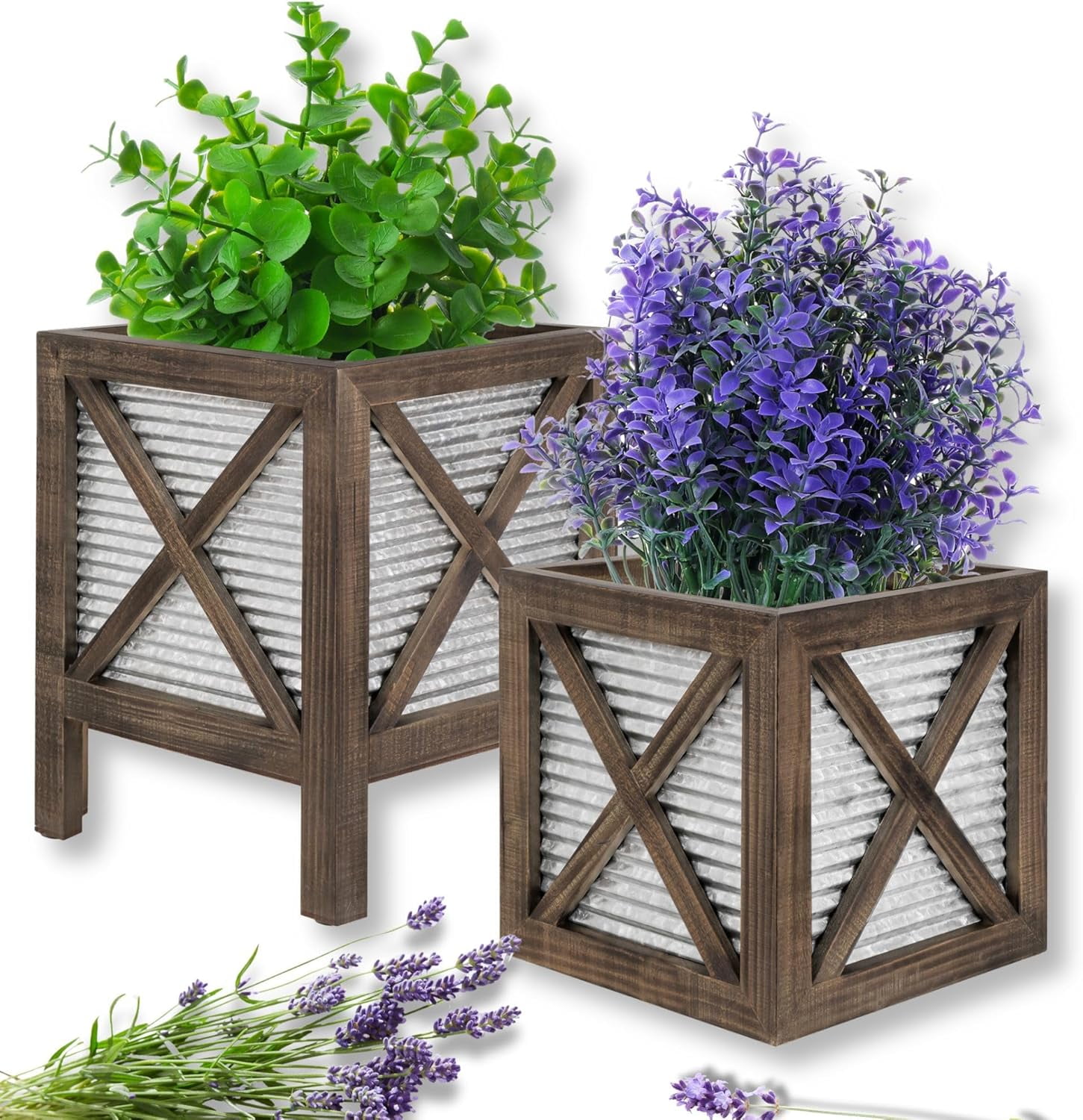 Farmhouse Front Porch Planters Set of 2 Stand with Galvanized ...