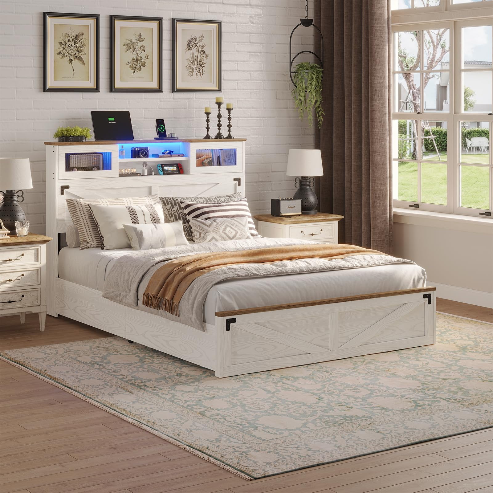 Farmhouse Full Bed Frame with LED Lights and Charging Station, Full ...