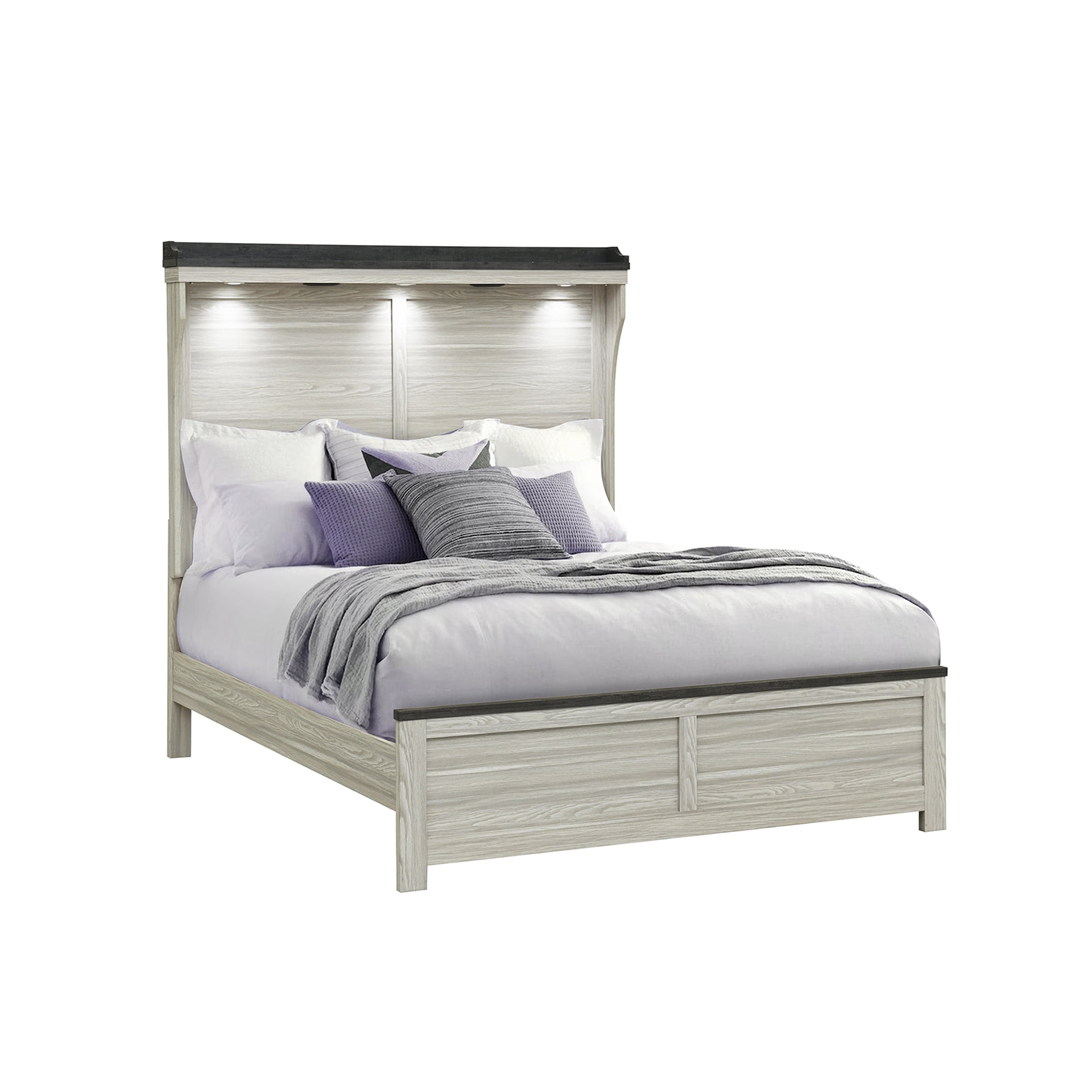Farmhouse Full Bed Frame with Upholstered Headboard, Light Brown Wood ...