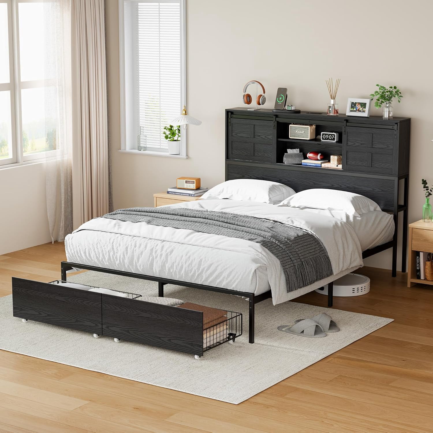 Farmhouse Full Size Bed Frame with Move Storage Headboard & 2 Drawers ...