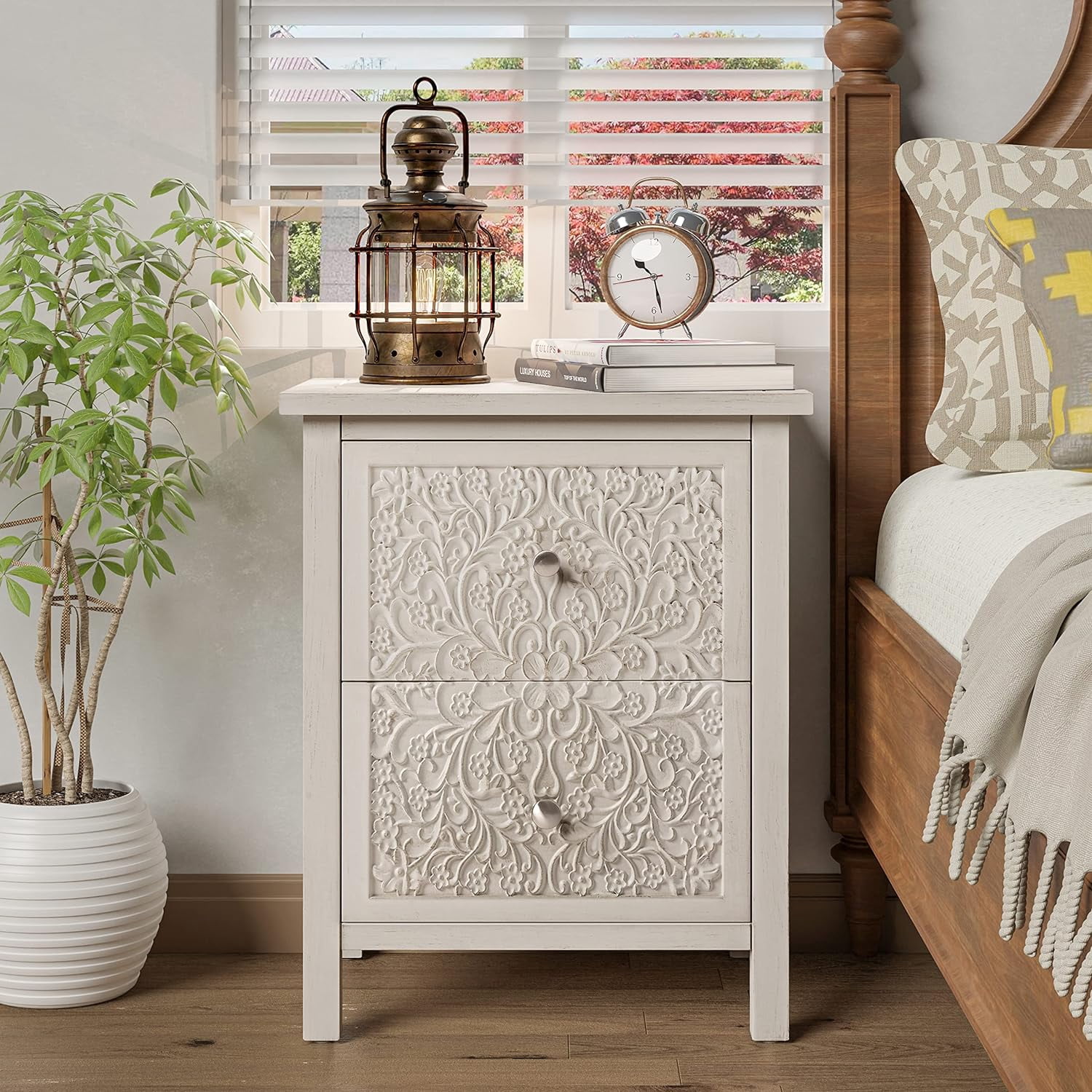 Farmhouse Fully-Assembled Nightstand with 2-Drawer, Flower Motif End ...