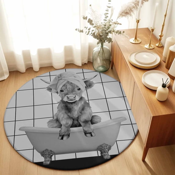 Farmhouse Funny Cow Retro Plaid Round Rug 3ft White Bathtub on Gray ...