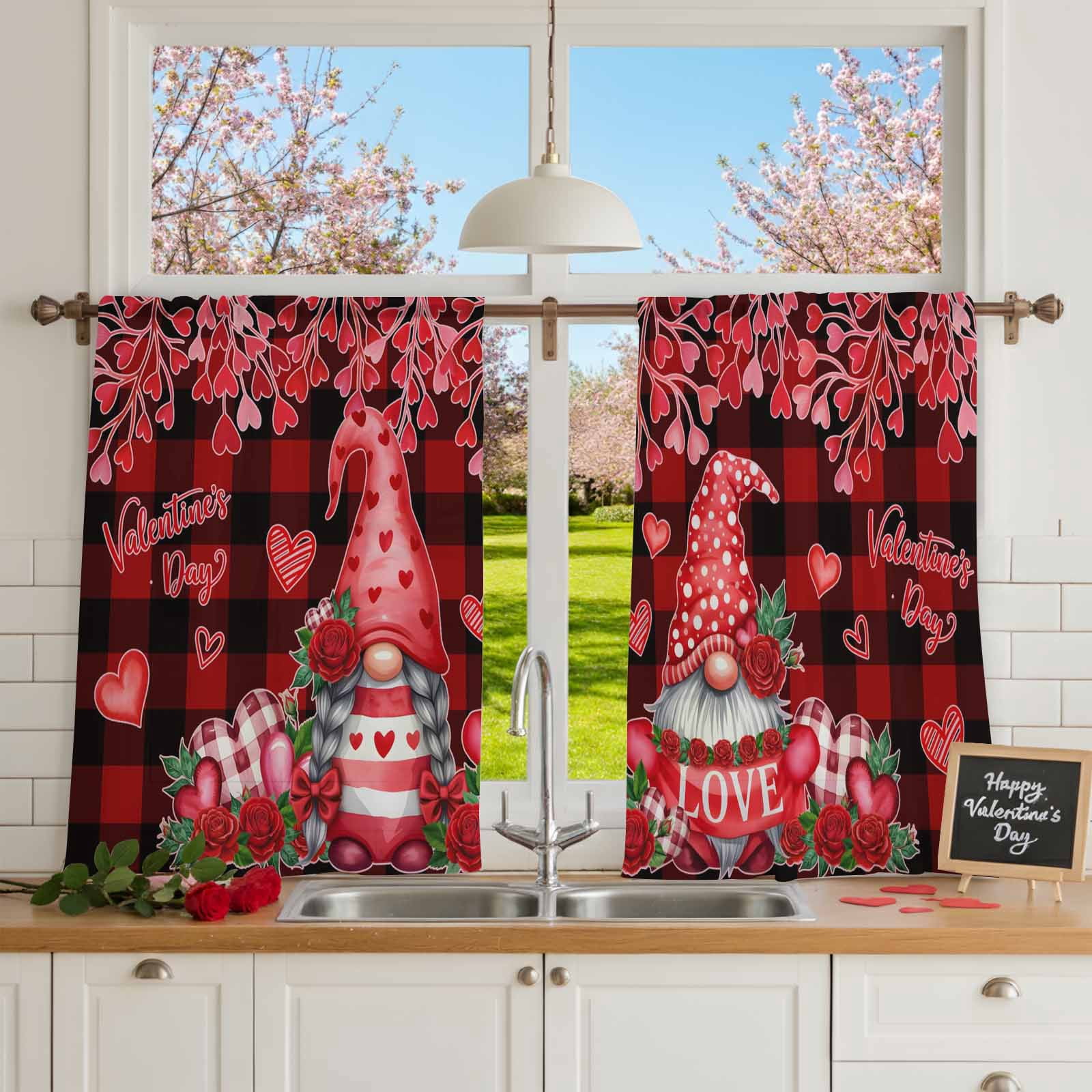 Farmhouse Gnome Red Black Checkered Chiffon Sheer Curtains 54 Inches ...