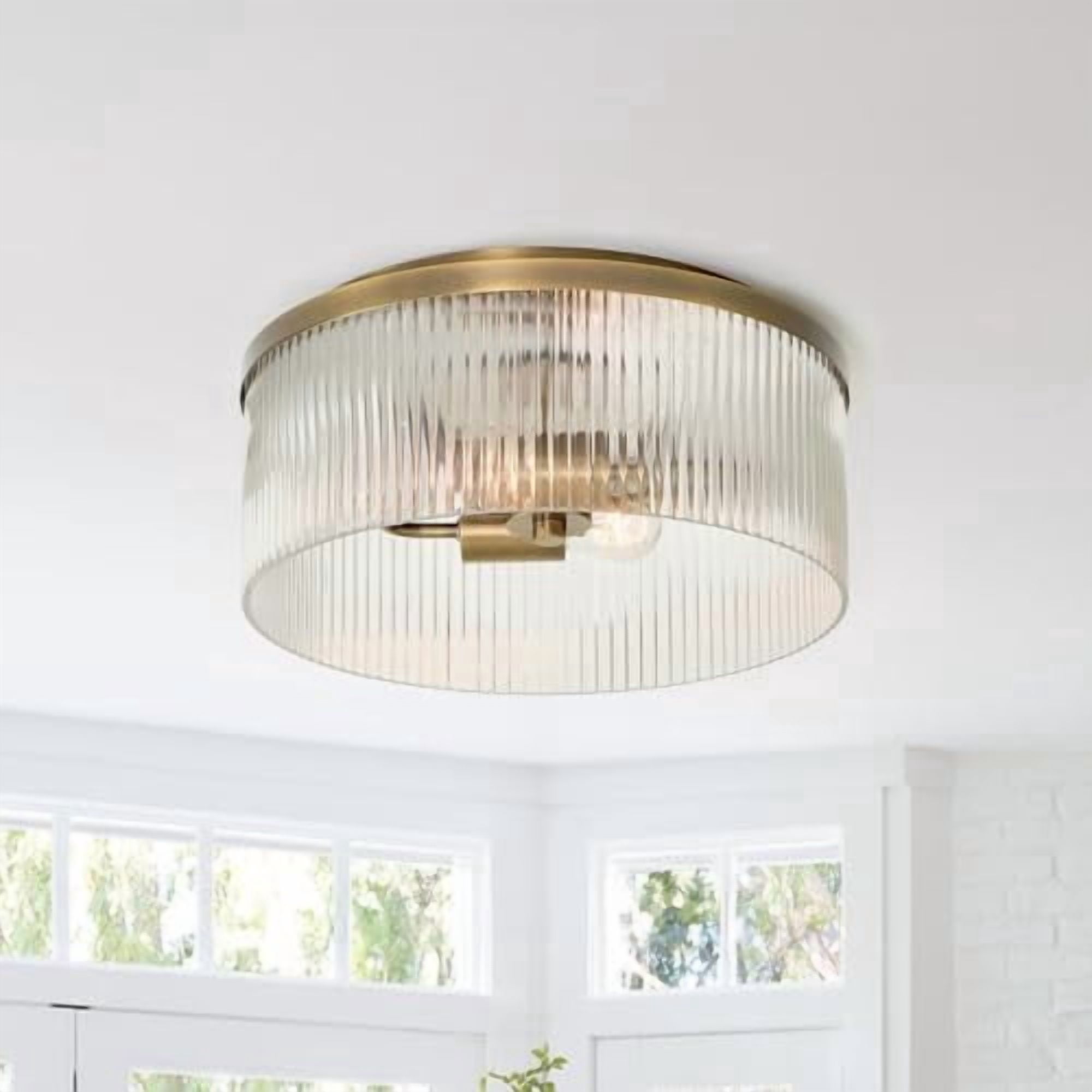 Farmhouse Gold Semi Flush Mount Ceiling Light - 16" Round Ribbed Drum ...