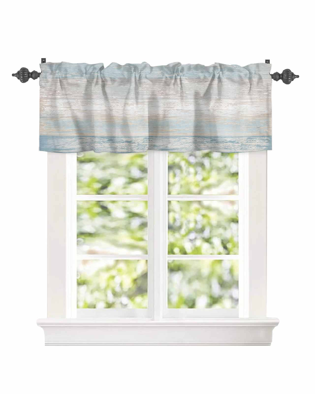 Farmhouse Gradient Blue Wood Grain Window Valances for Kitchen,Rod ...