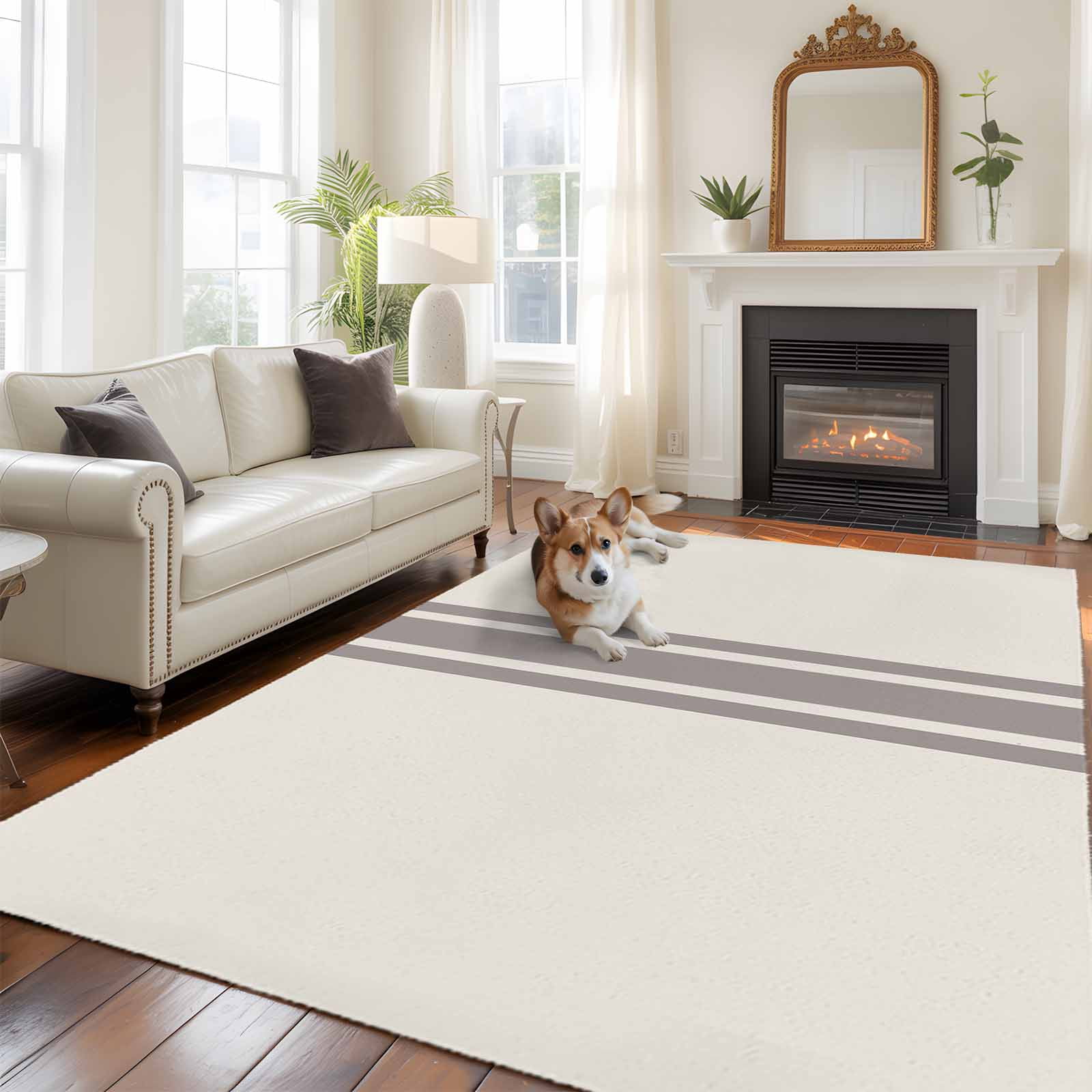 Farmhouse Gray Large Area Rugs 8x10 ft Sripes Cream Background Washable ...