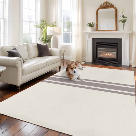 Farmhouse Gray Large Area Rugs 8x10 ft Sripes Cream Background Washable ...