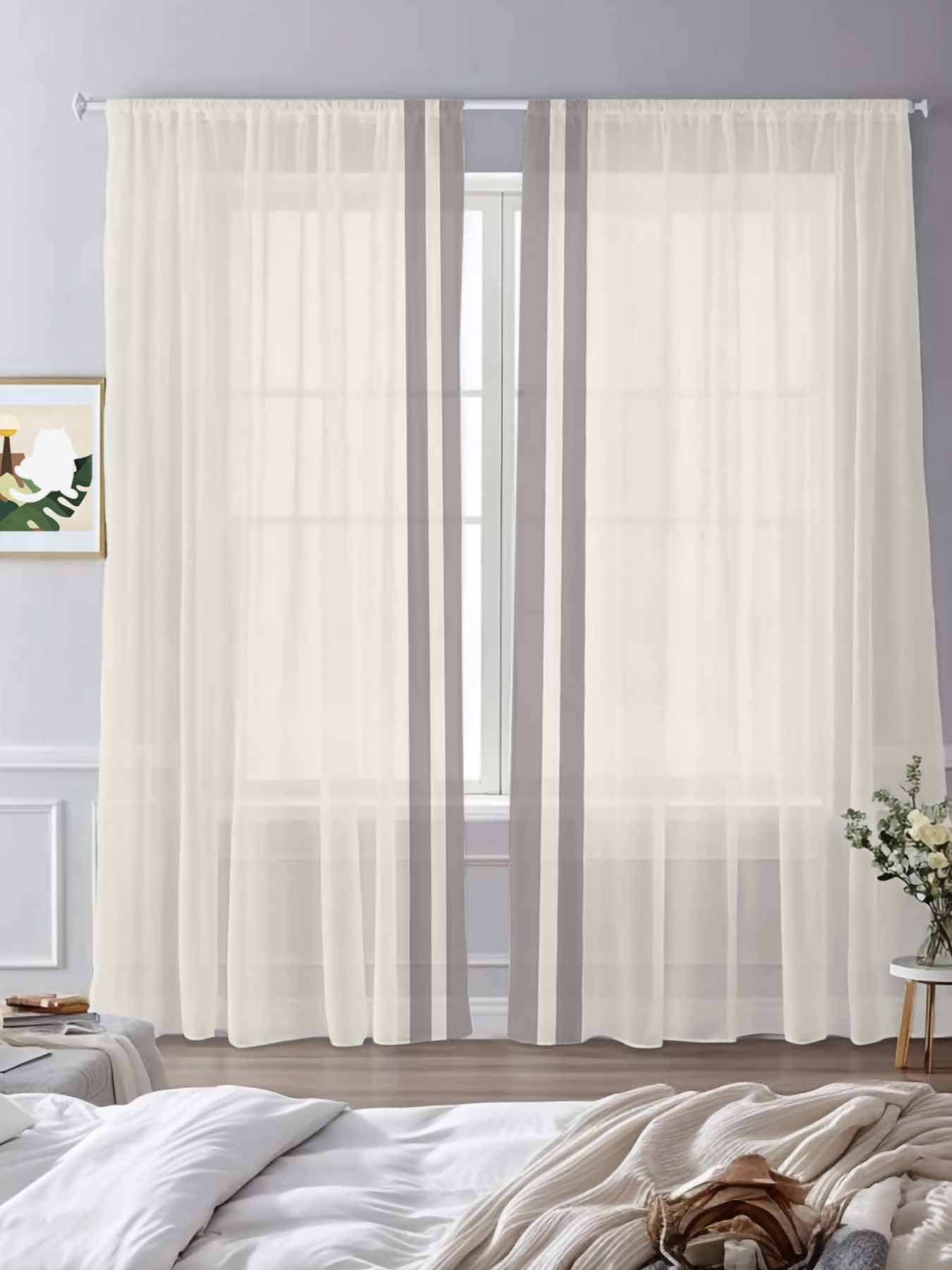 Farmhouse Gray Sheer Curtains 84 inches Long 2 Panels Set Sripes Cream ...