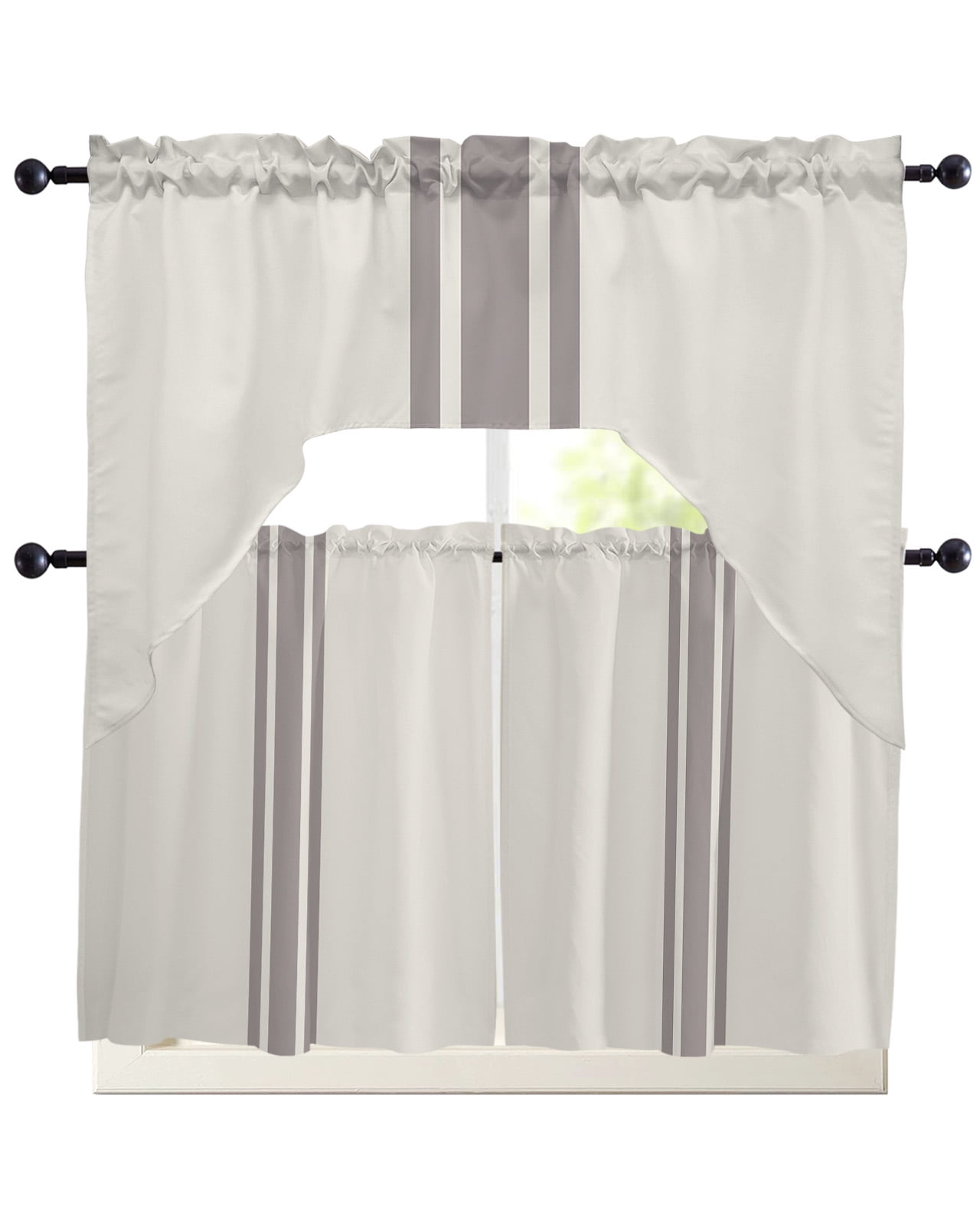Farmhouse Gray Swag Valance and Tier Curtains Set Sripes Cream ...