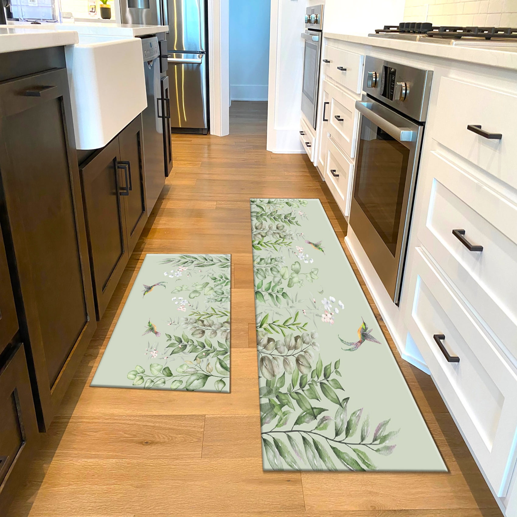 Farmhouse Green Kitchen Rugs and Mats Green Leaves Birds Floral Kitchen ...