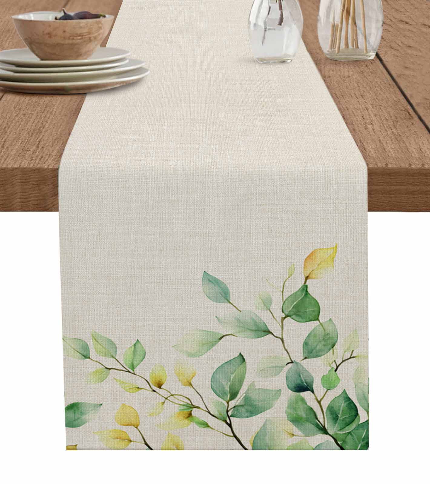 Farmhouse Green Leaves Burlap Cotton Table Runner 13x120 Inches Long ...