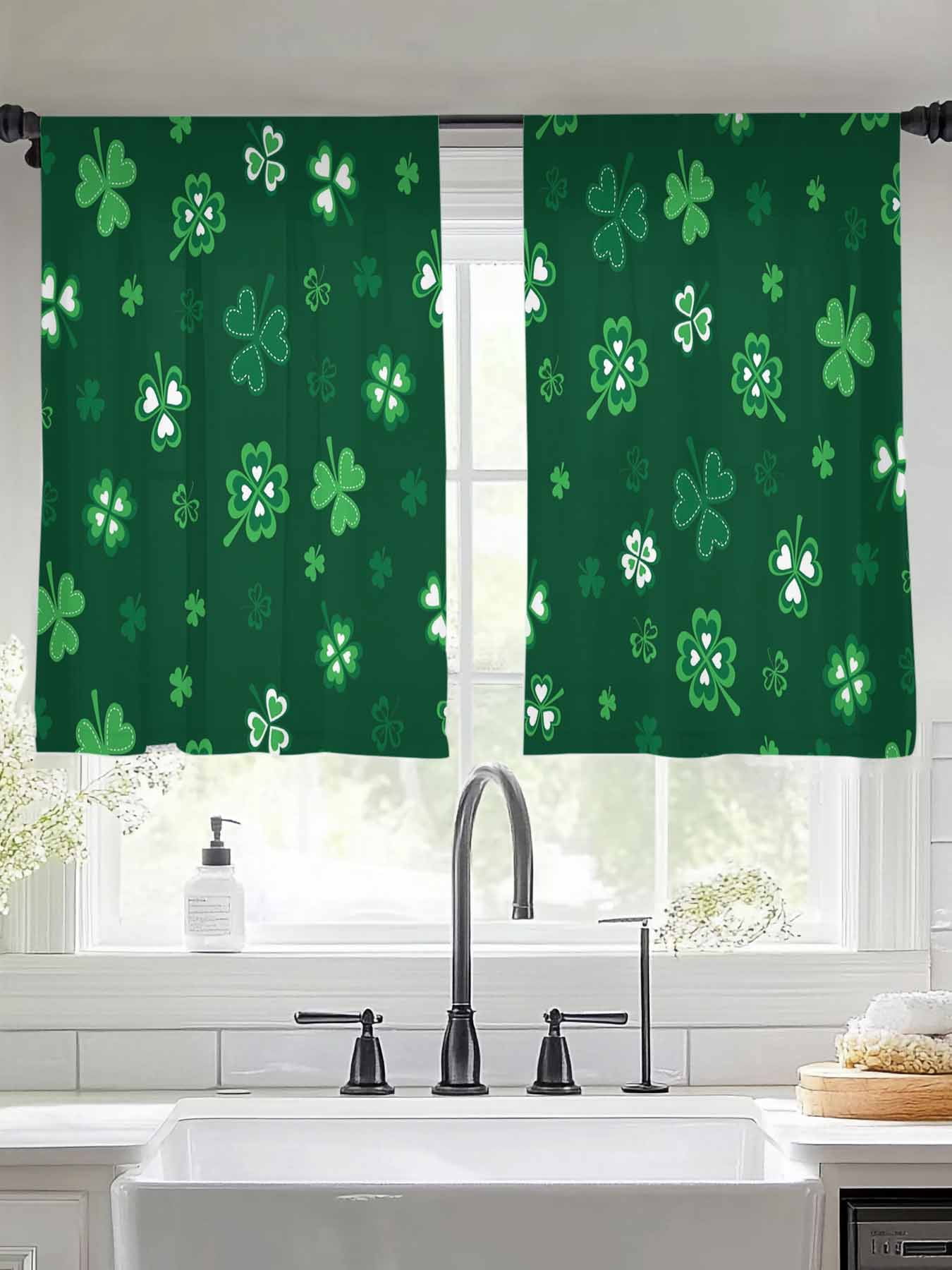 Farmhouse Green Shamrock Chiffon Sheer Curtains 45 Inches Long, Saint ...